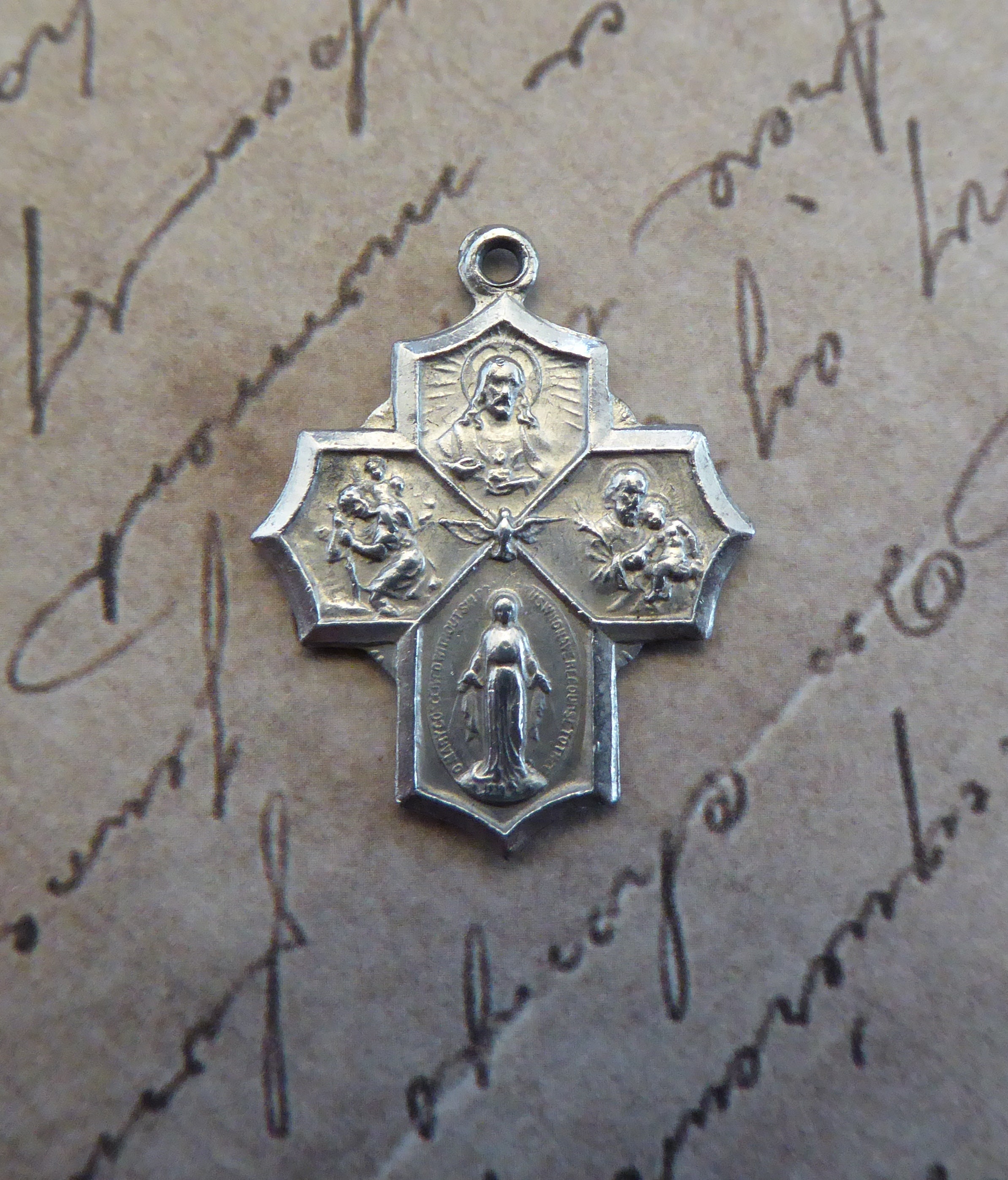 FRENCH Catholic Cross Religious Medal Holy Spirit, Saints Jesus Mary ...
