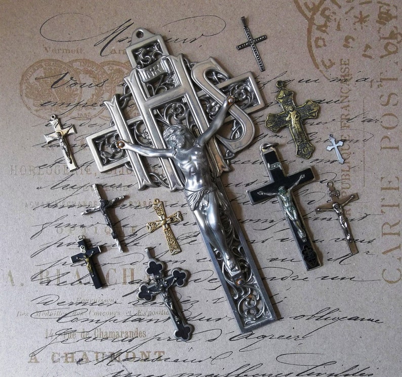 FRENCH Catholic Cross Religious Medal Holy Spirit, Saints Jesus Mary ...