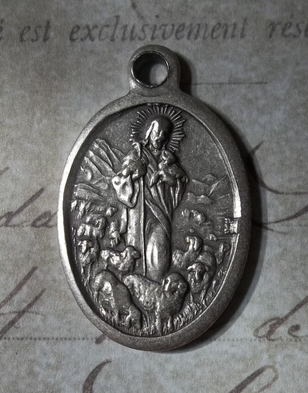 Vintage Italian Religious Medal Jesus the Good Shepherd, Flock of Sheep ...
