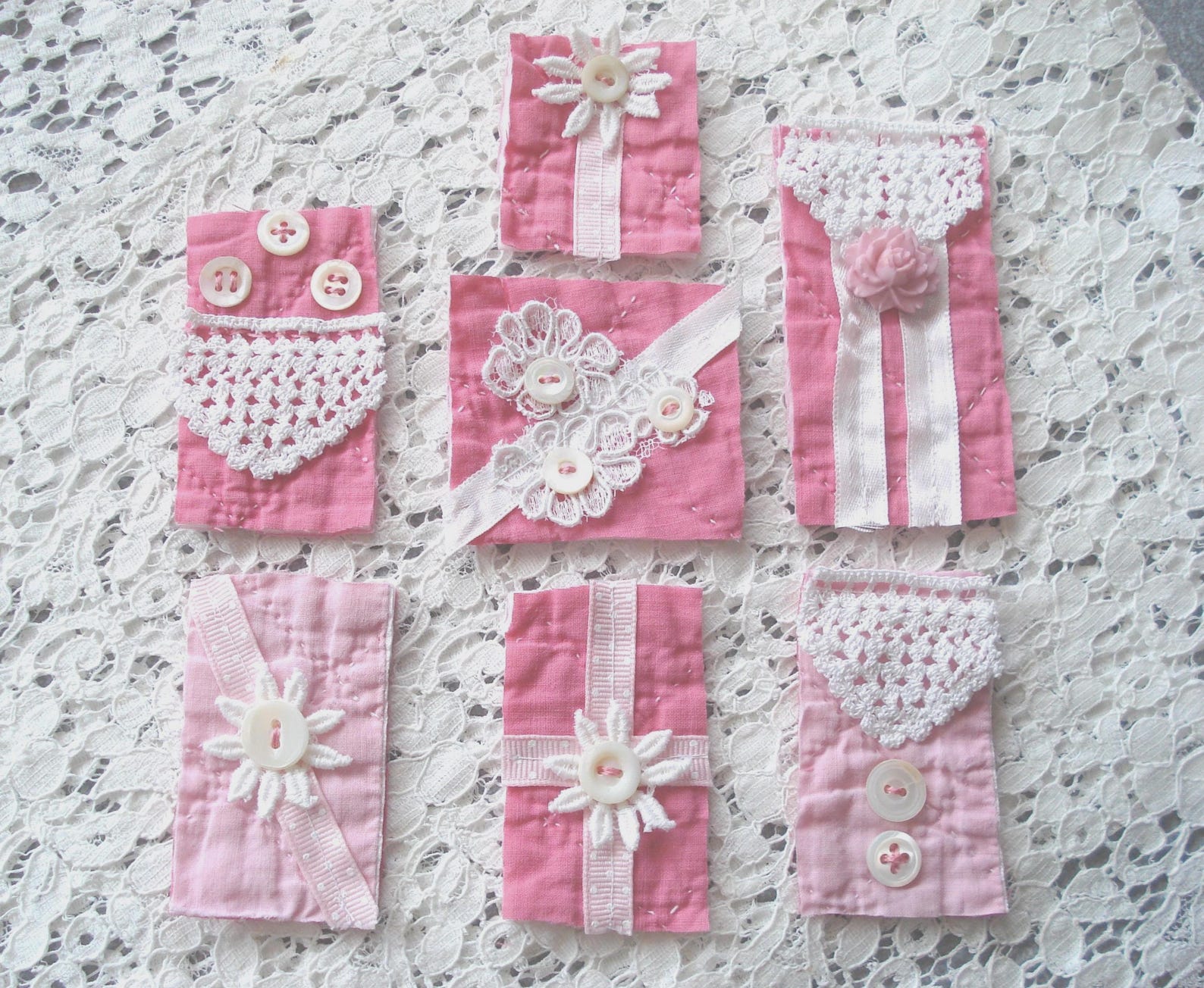 Sweet 7 Piece Snippet Clusters Set - Recycled Pink Vintage Quilt & Lace ...