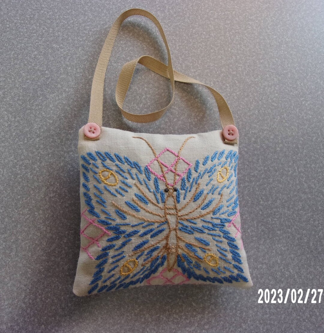 Handmade Hanging Sachet Vintage Embroidered Blue Butterfly Pink Buttons ...
