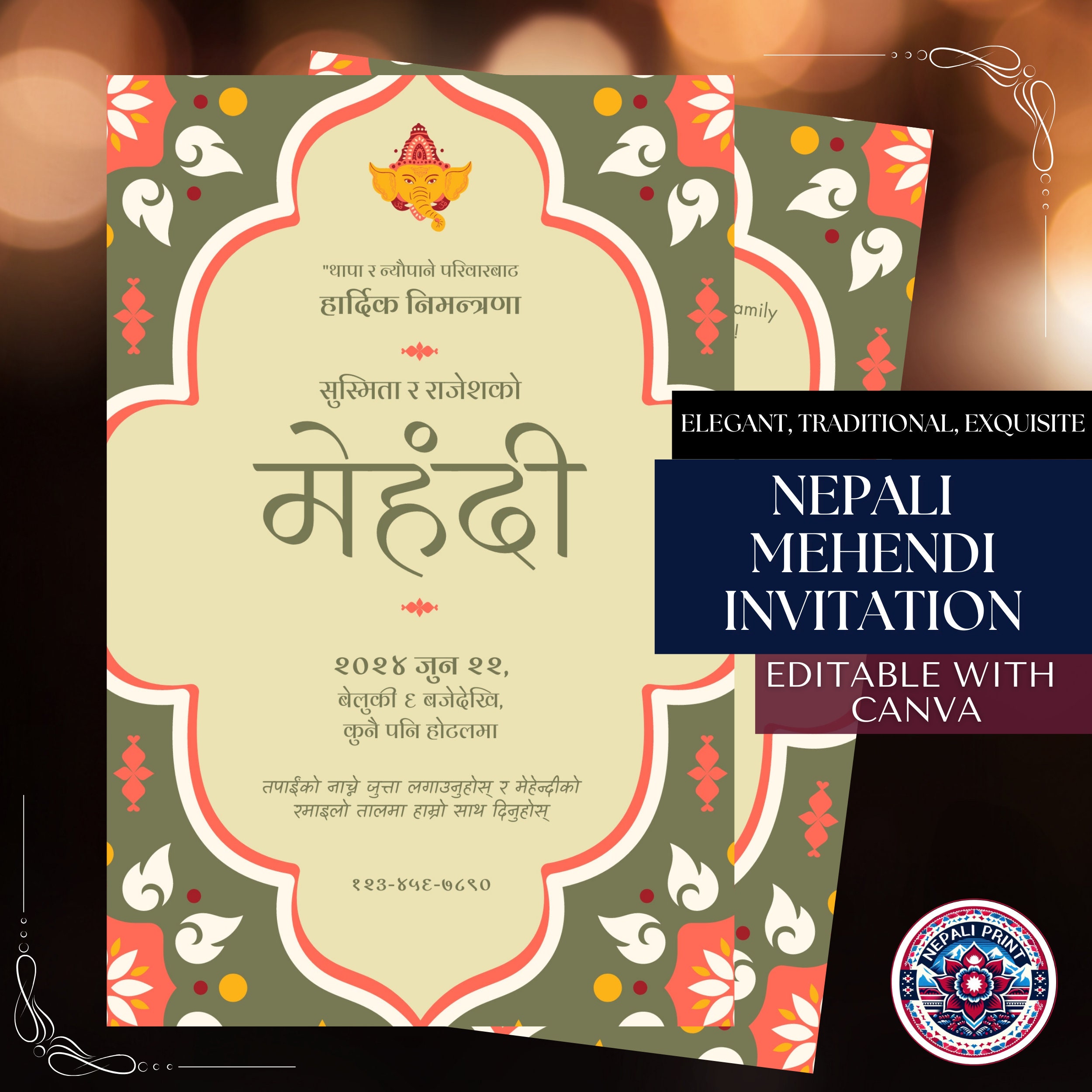 Mehendi Nepali and English Invitation Card, Customizable Digital Design ...