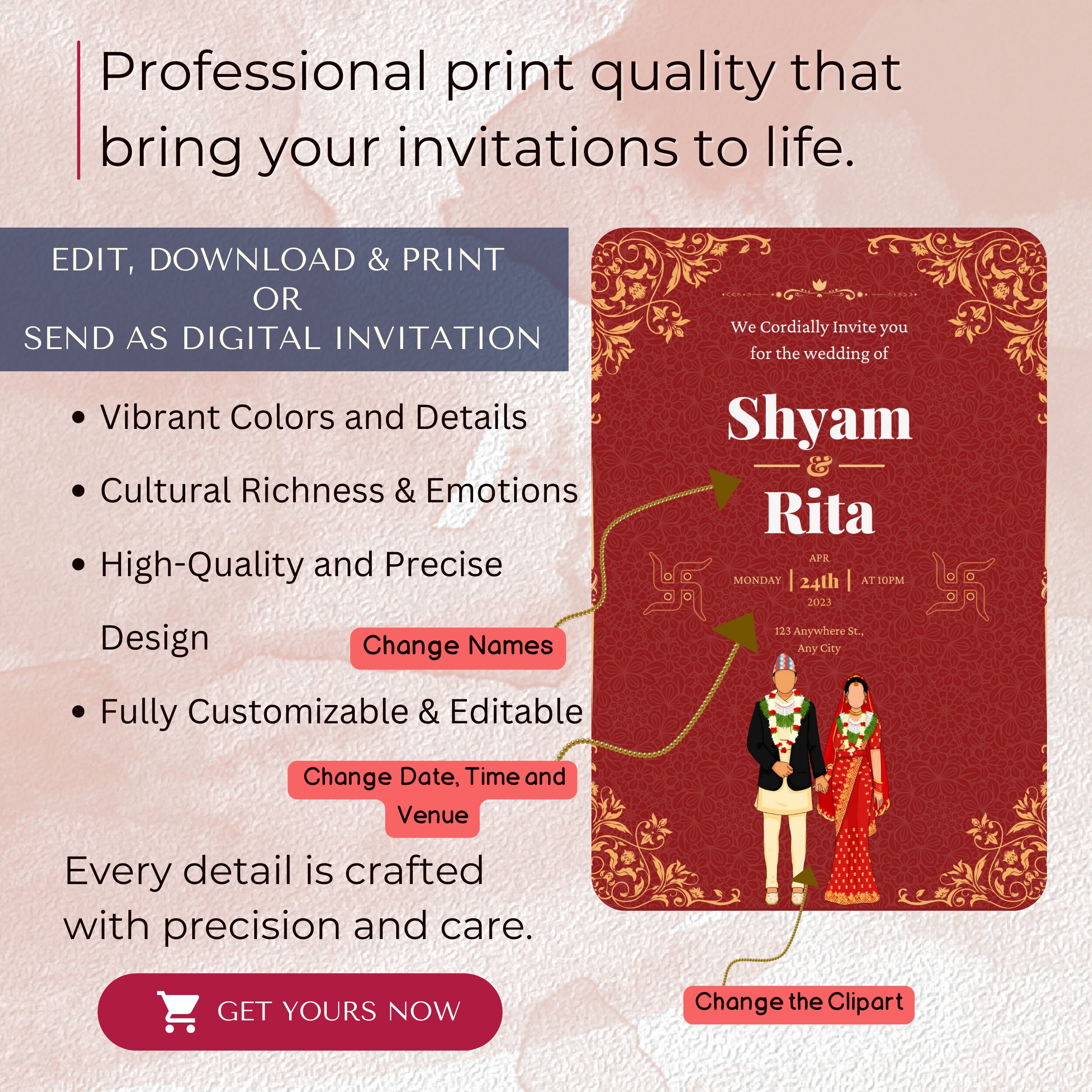 Ethnic Nepali Wedding Invitation Card: Customizable Digital Design - Etsy