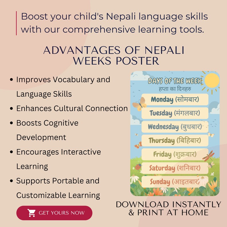 Printable Nepali Week Days Poster, Digital Download, Educational Wall ...