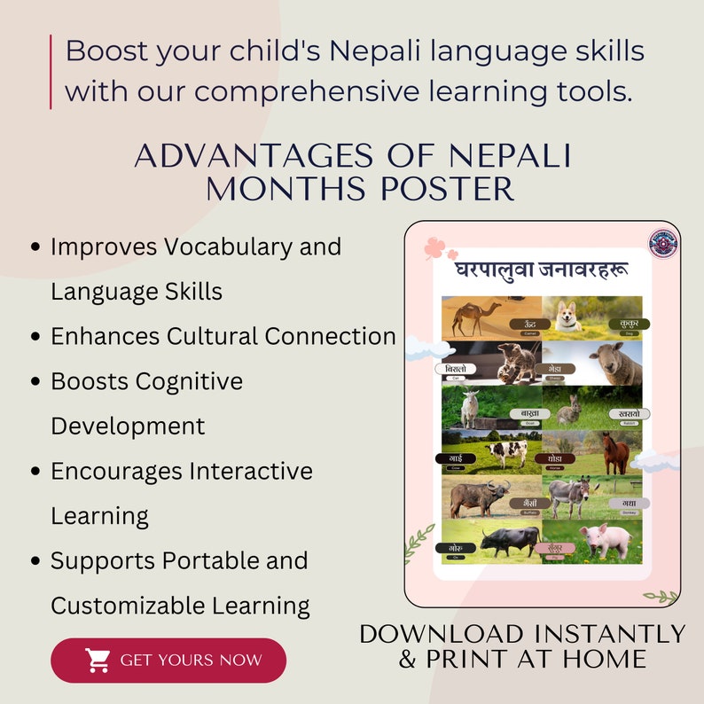 Printable Nepali Domestic Animals Poster, Digital Download, Educational ...