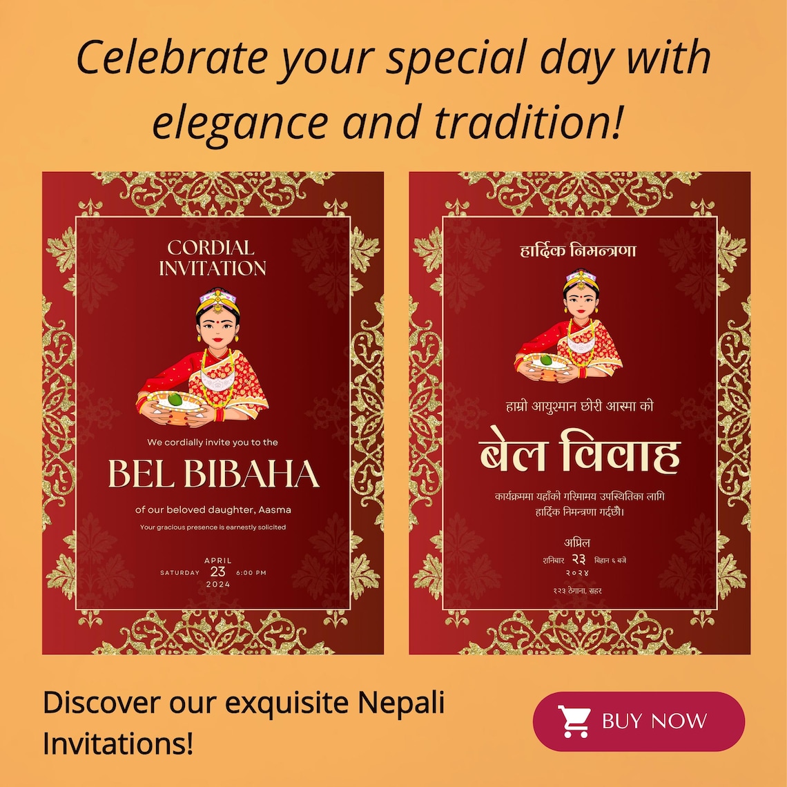Newari Bel Bibaha Invitation: Red & Gold, Customizable (digital) - Etsy