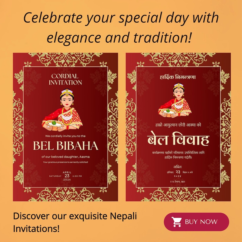 Newari Bel Bibaha Invitation: Red & Gold, Customizable (digital) - Etsy