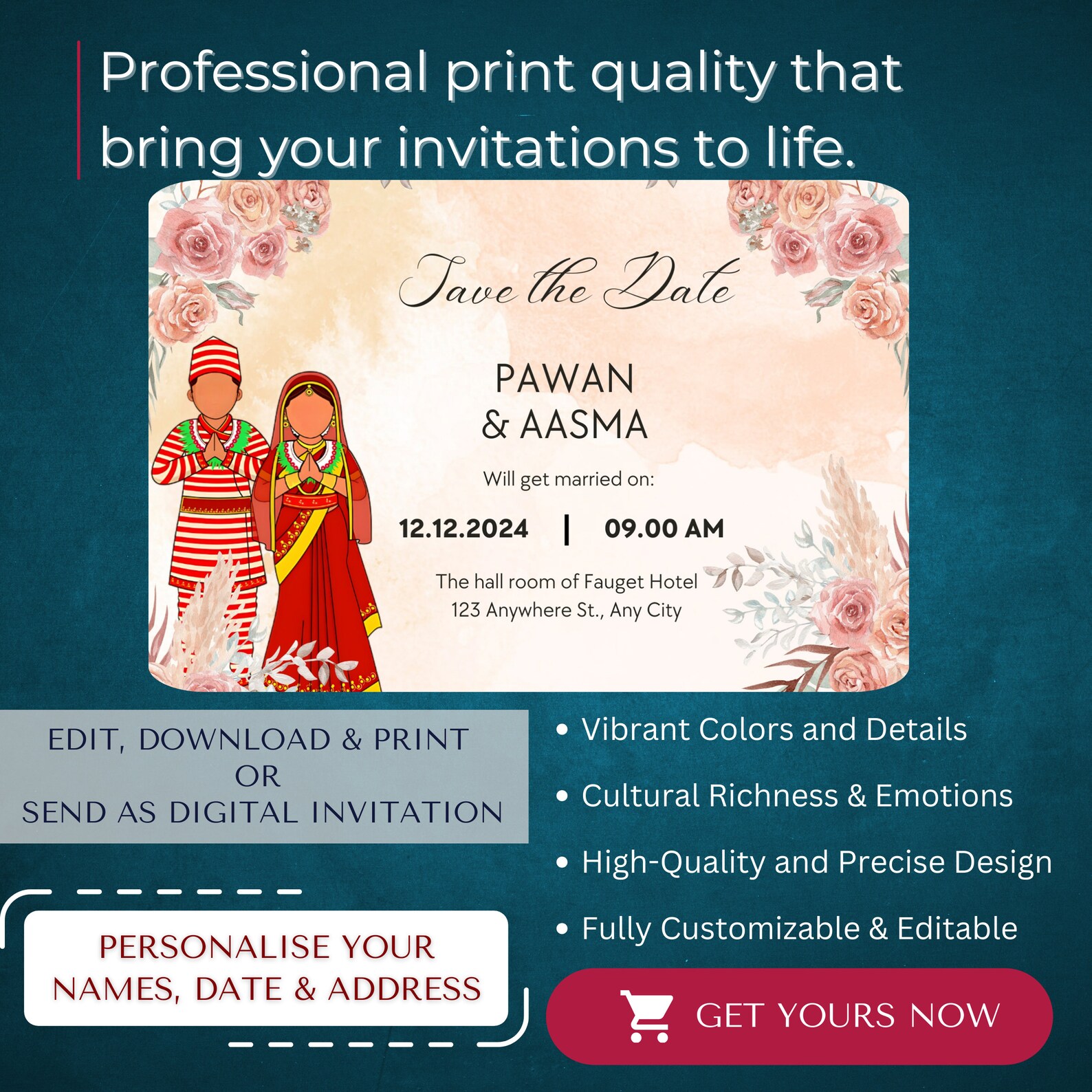 Nepali Wedding Invitation Card: Customizable Digital Design - Etsy