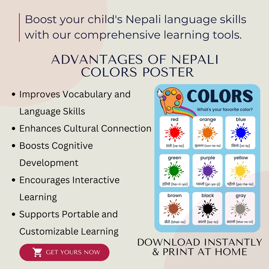 Printable Nepali Color Poster, Digital Download, Educational Wall Art ...
