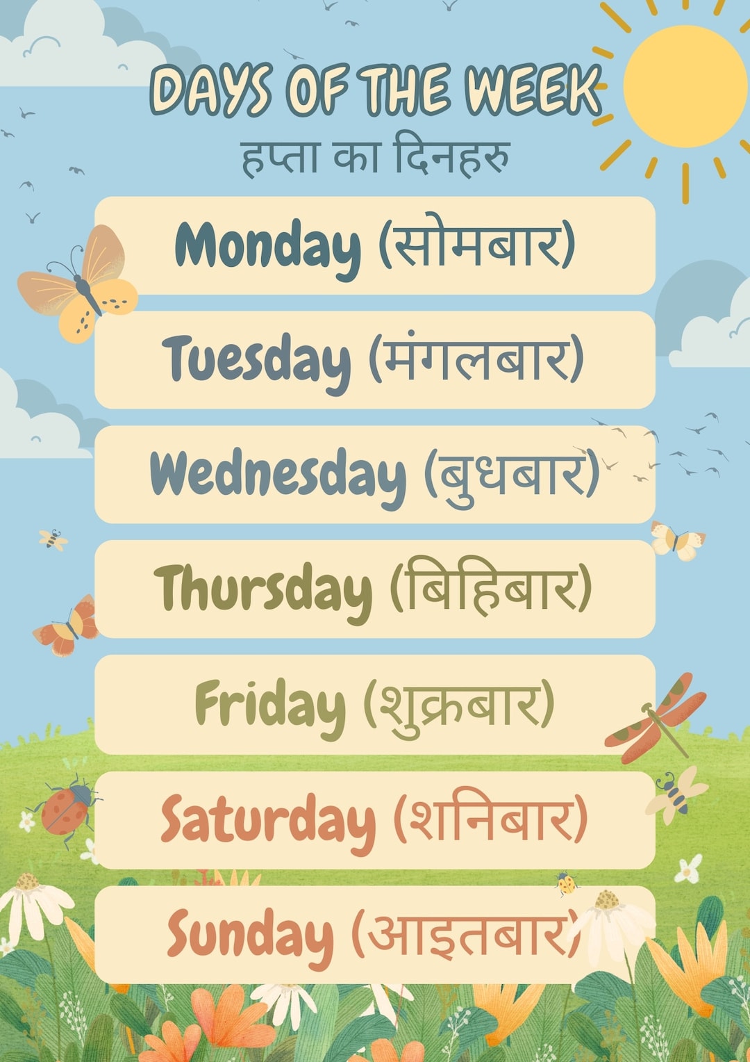Printable Nepali Week Days Poster, Digital Download, Educational Wall ...