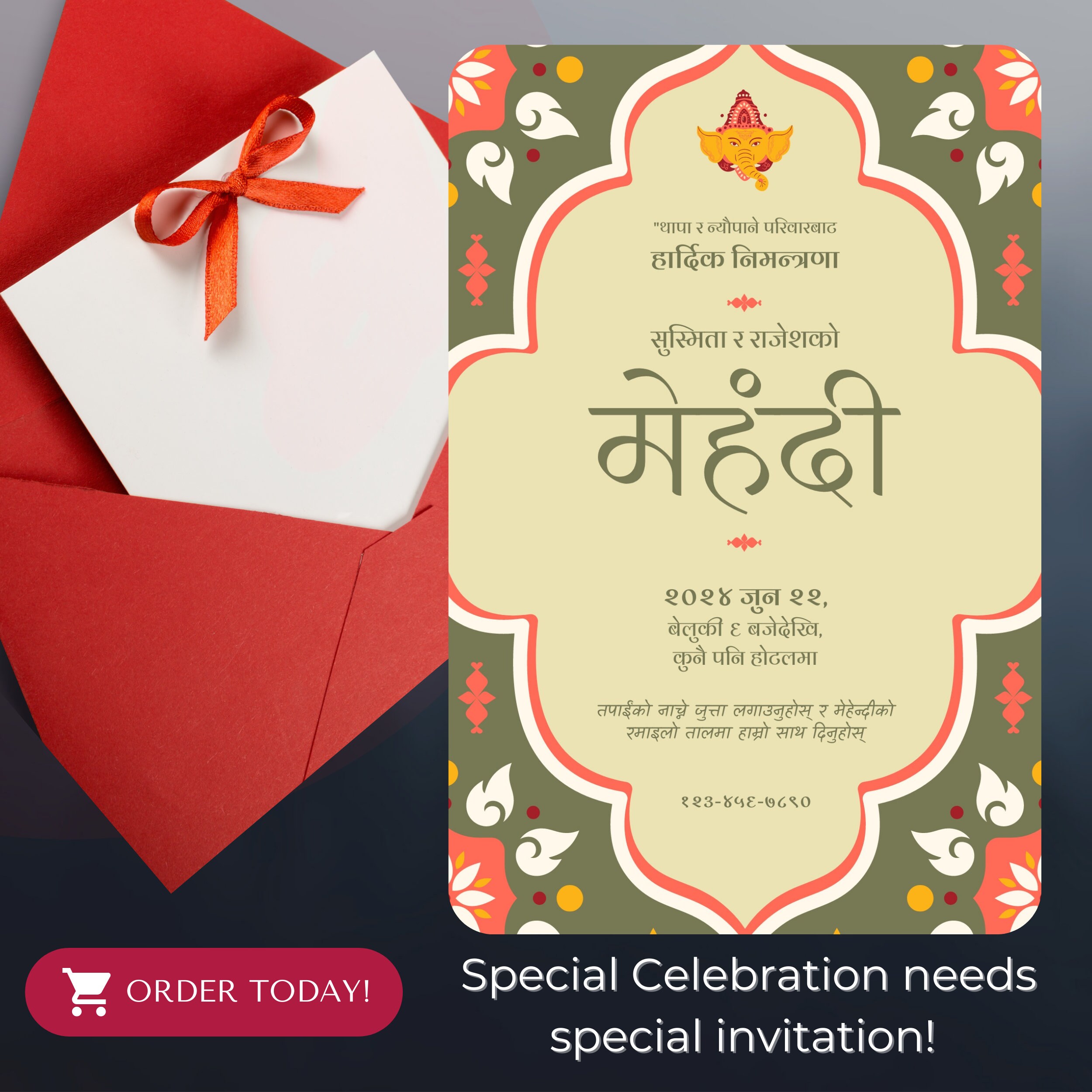 Mehendi Nepali and English Invitation Card, Customizable Digital Design ...