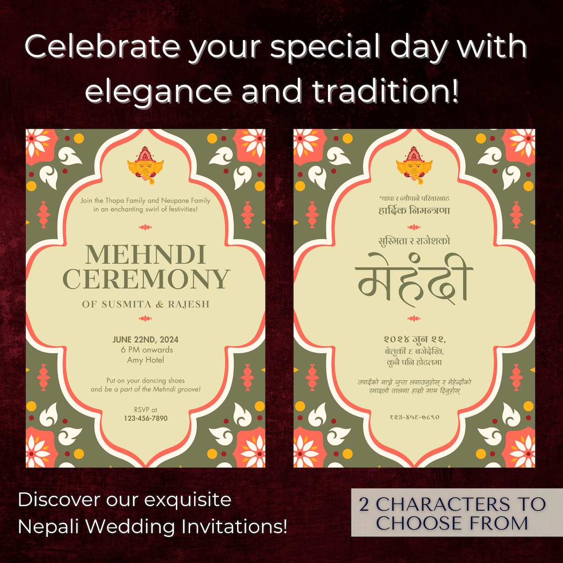Mehendi Nepali and English Invitation Card, Customizable Digital Design ...