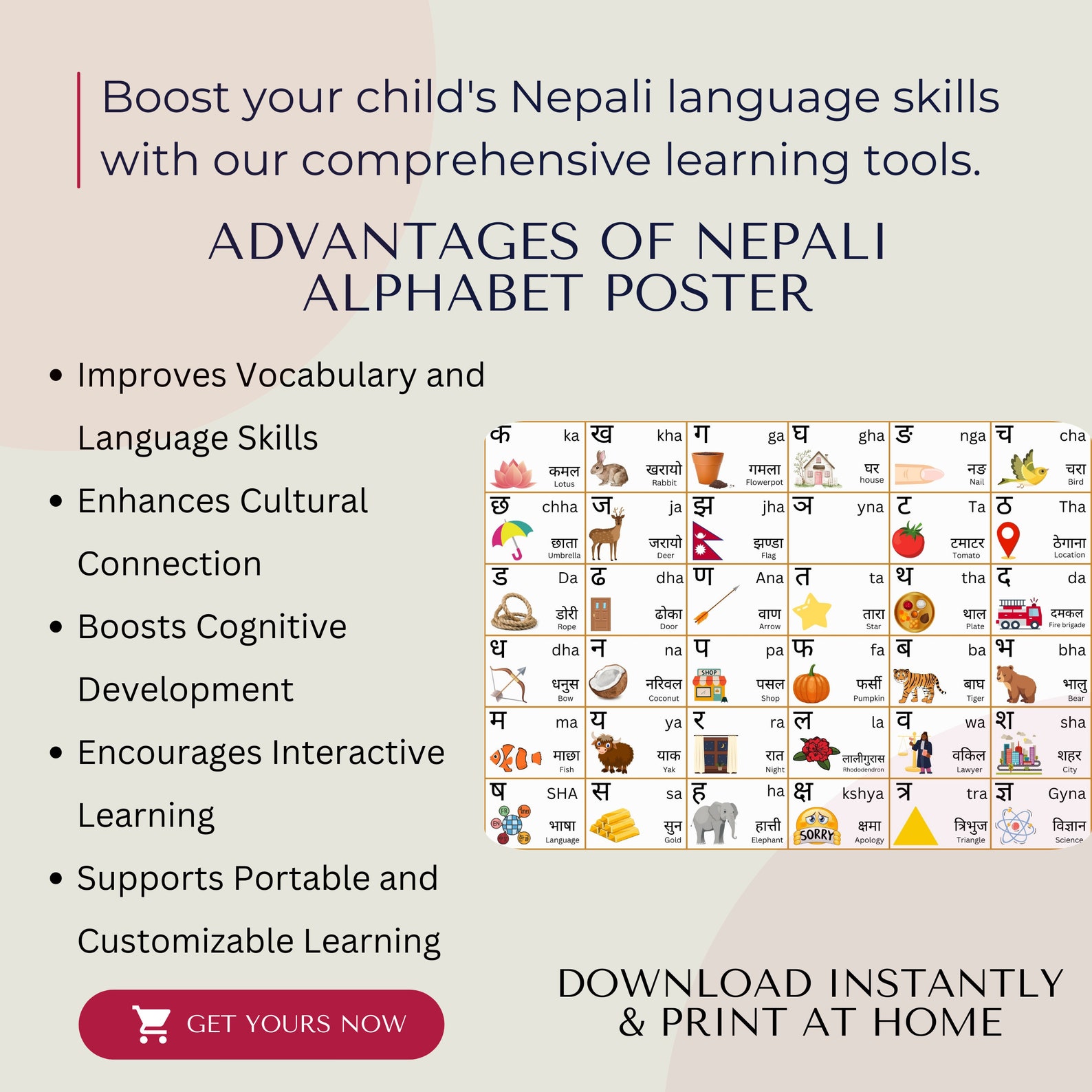 Printable Nepali Alphabet Poster, Digital Download, Educational Wall ...