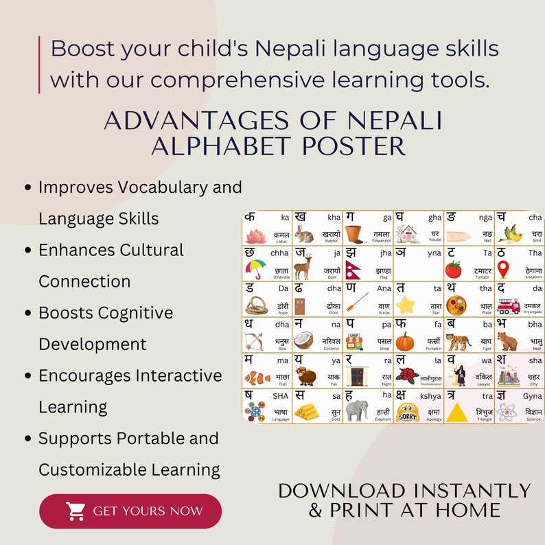 Printable Nepali Alphabet Poster, Digital Download, Educational Wall ...