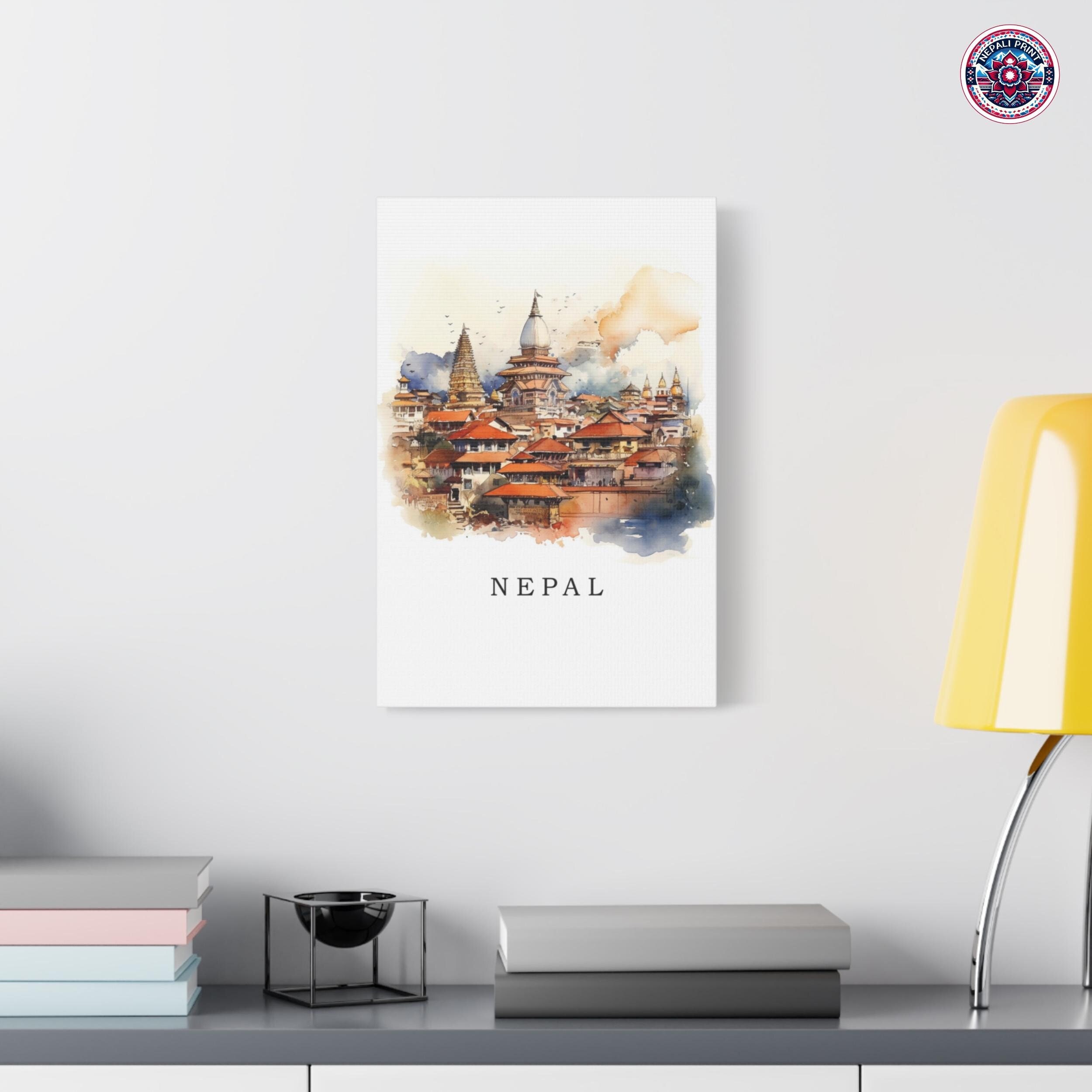 Nepal Temple Skyline Watercolor Portrait: Nepali Heritage Matte Canvas ...