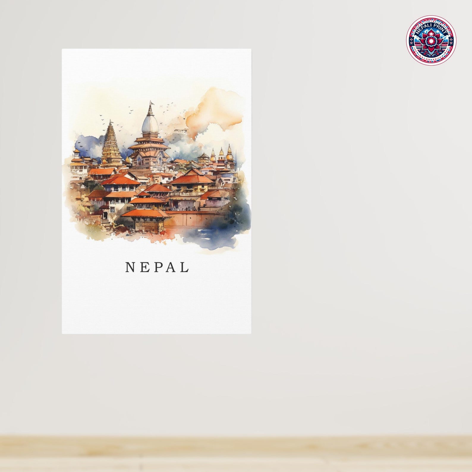 Nepal Temple Skyline Watercolor Portrait: Nepali Heritage Matte Canvas ...