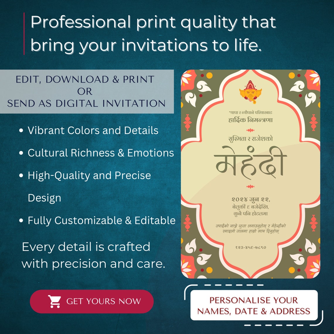 Mehendi Nepali and English Invitation Card, Customizable Digital Design ...