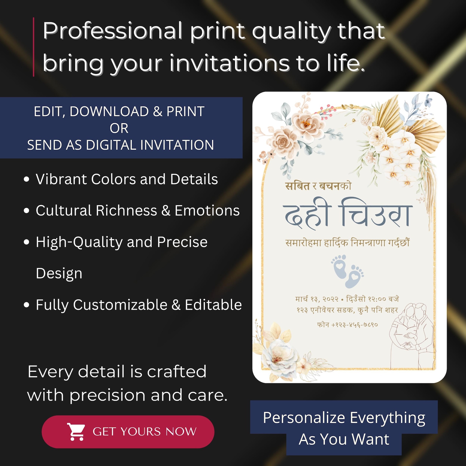Nepali Dahi Chiwura Invitation Card: Customizable Floral Design ...