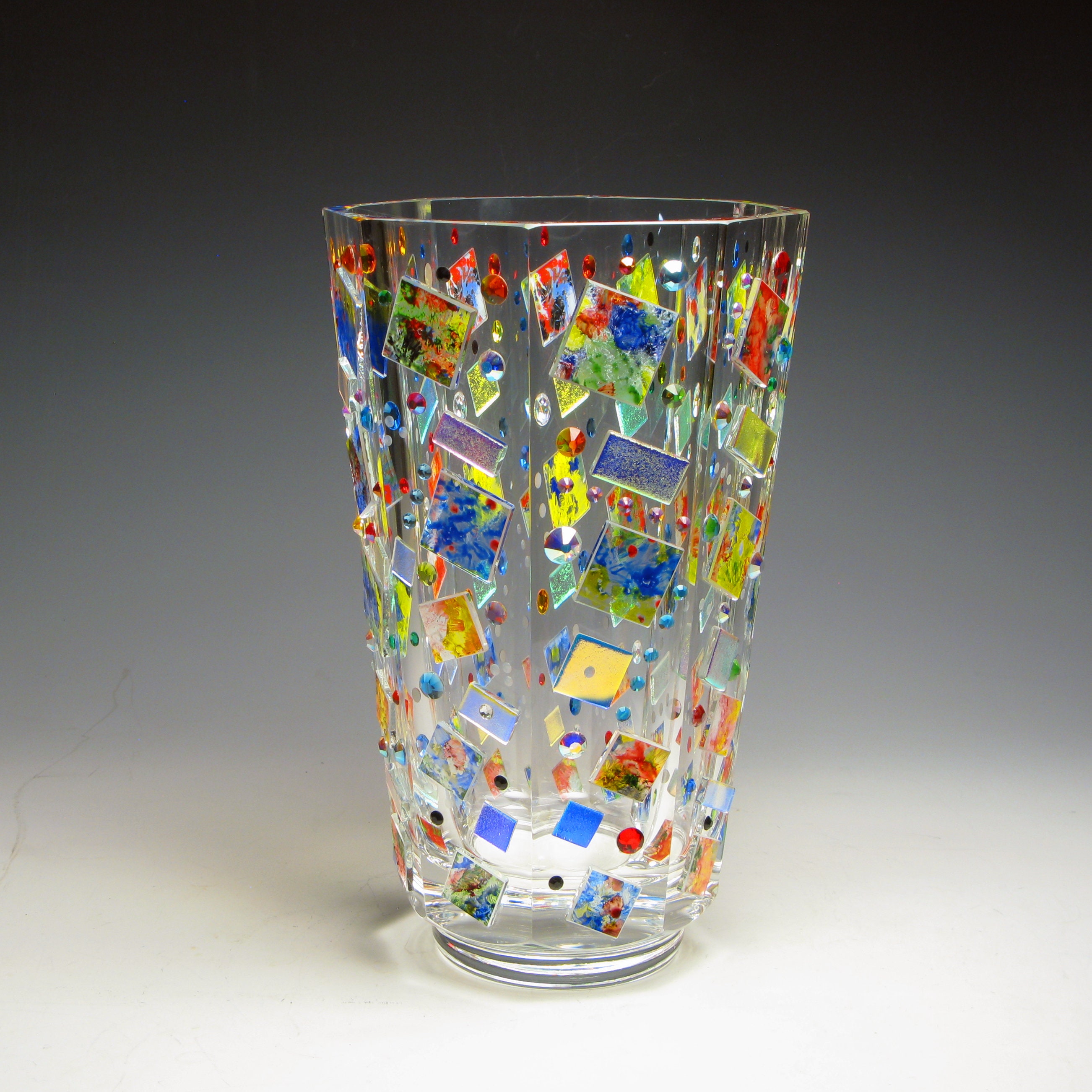 New Crystal Vase "carousel" With Dichroic, Enameled Glass and Swarovski ...