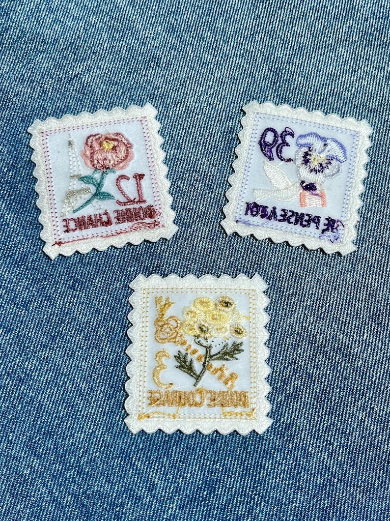 Flower Stamp Iron on Patch, Vintage Floral Embroidered Applique ...