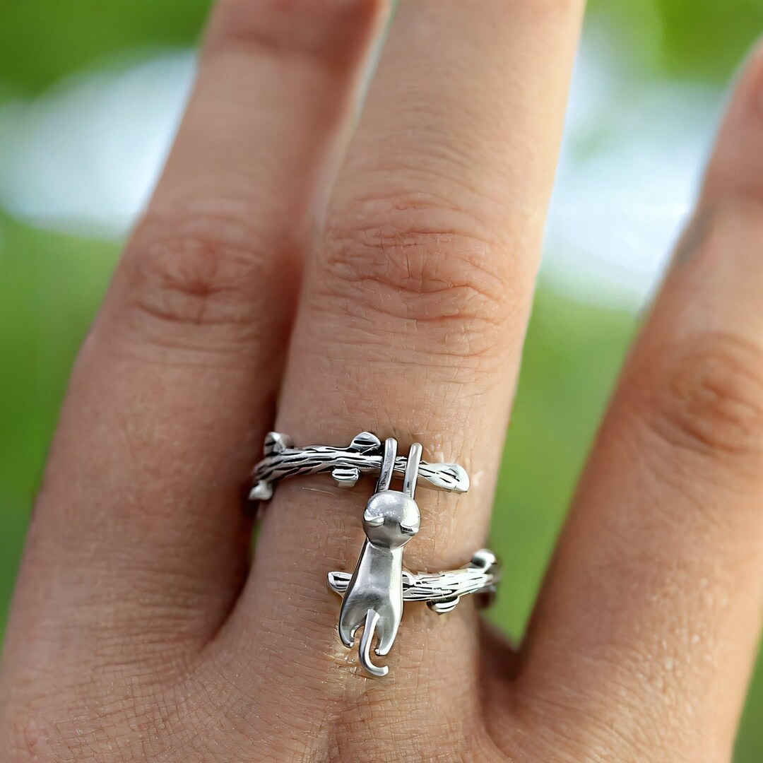 Adjustable Silver Cat Ring Playful Kitty Climbing Branch - Etsy
