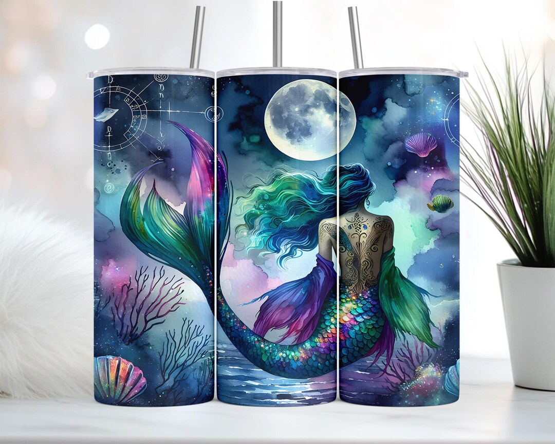 Mermaid Tumbler Wrap, Moonlight Mermaid PNG – Back View Mermaid Tumbler ...