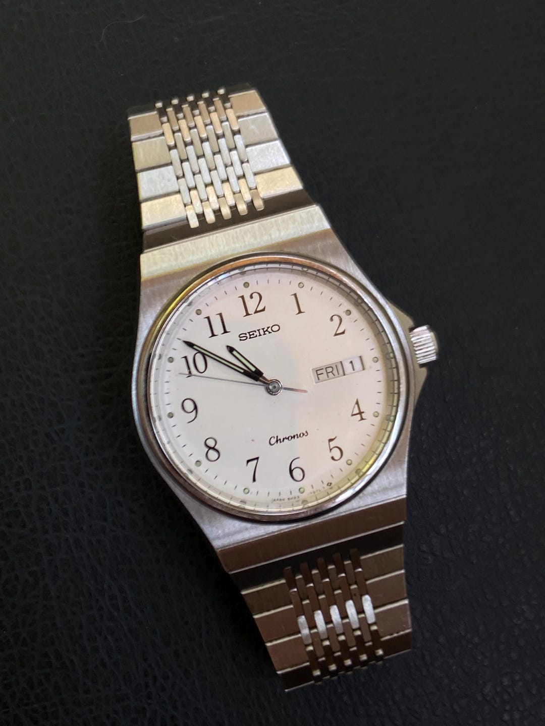 Vintage Seiko Chronos Quartz Watch, White Dial, Integrated Bracelet - Etsy