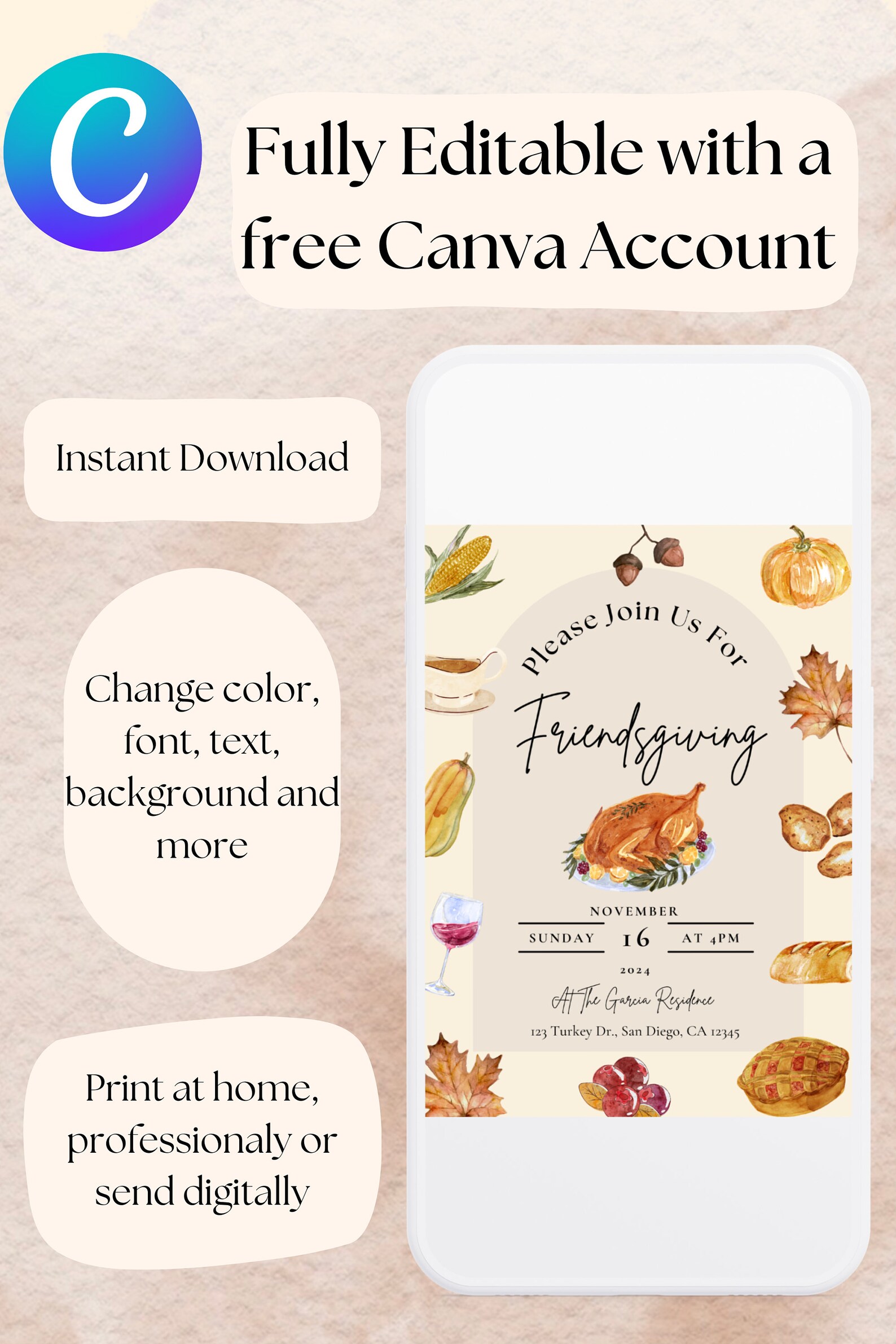 Friendsgiving Dinner Invitation Template - Editable Canva Design Fall ...