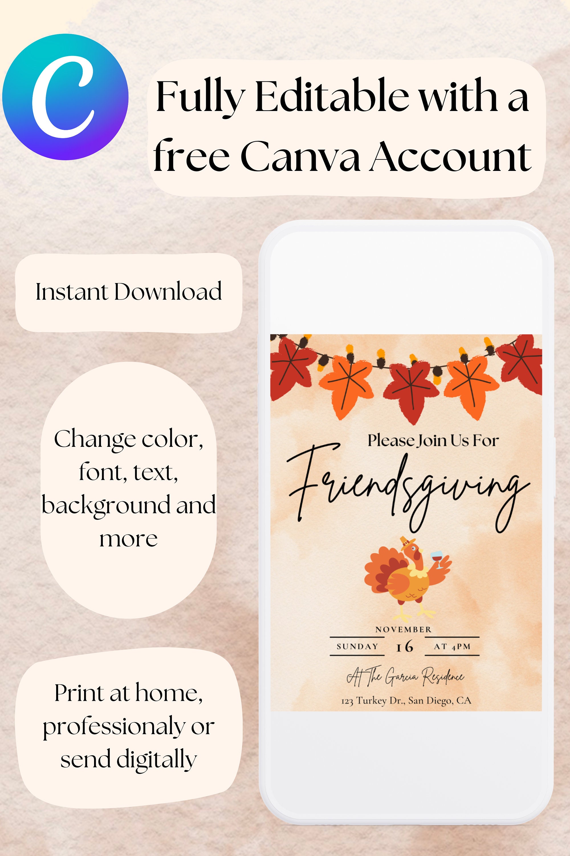 Friendsgiving Invitation Template: Editable Thanksgiving Dinner (canva ...