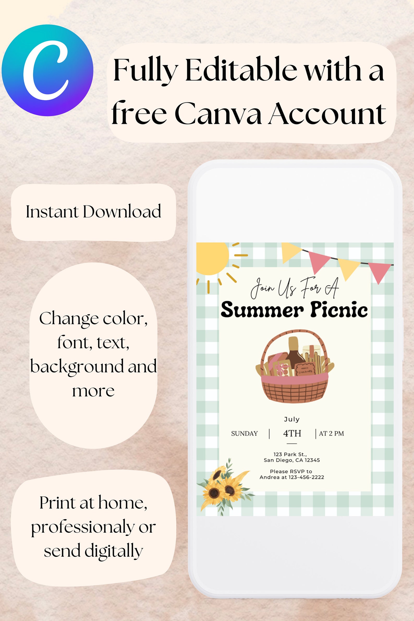 Summer Picnic Invitation Template - Editable Canva Design - Etsy