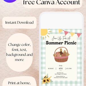 Summer Picnic Invitation Template - Editable Canva Design - Etsy