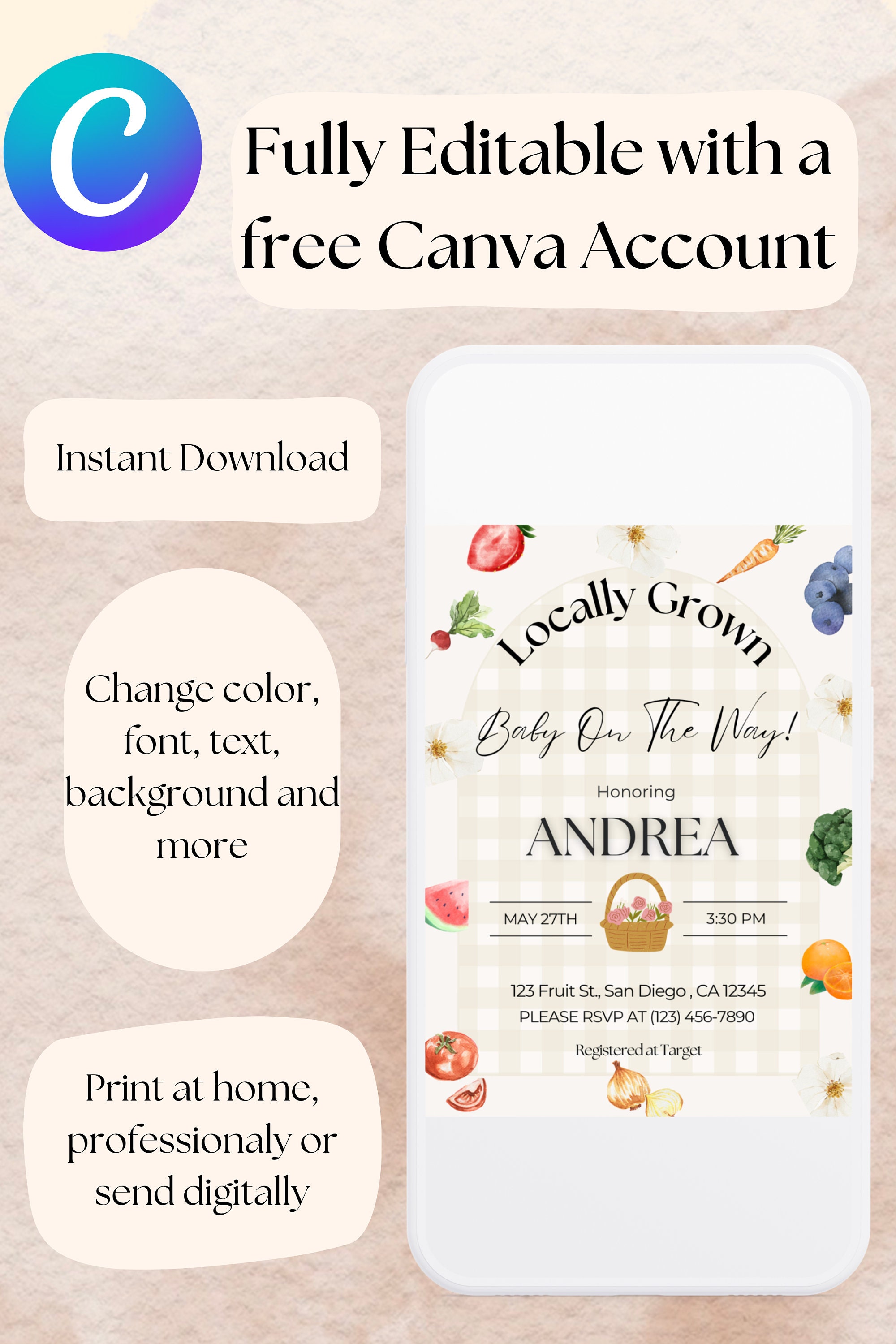 Locally Grown Baby Shower Invitation: Editable Canva Template (digital ...