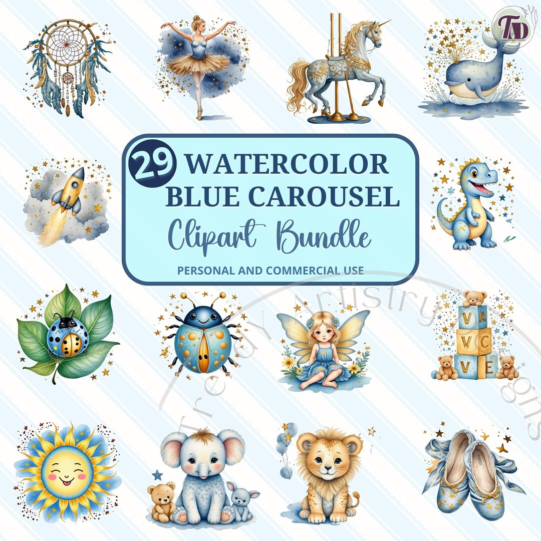 29 Watercolor Blue Carousel Clipart Bundle, Whimsical Ballerina ...