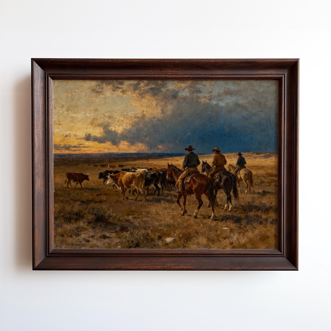 Cowboys Herding Cattle Across the Prairie, Western Ranch Scene Art ...