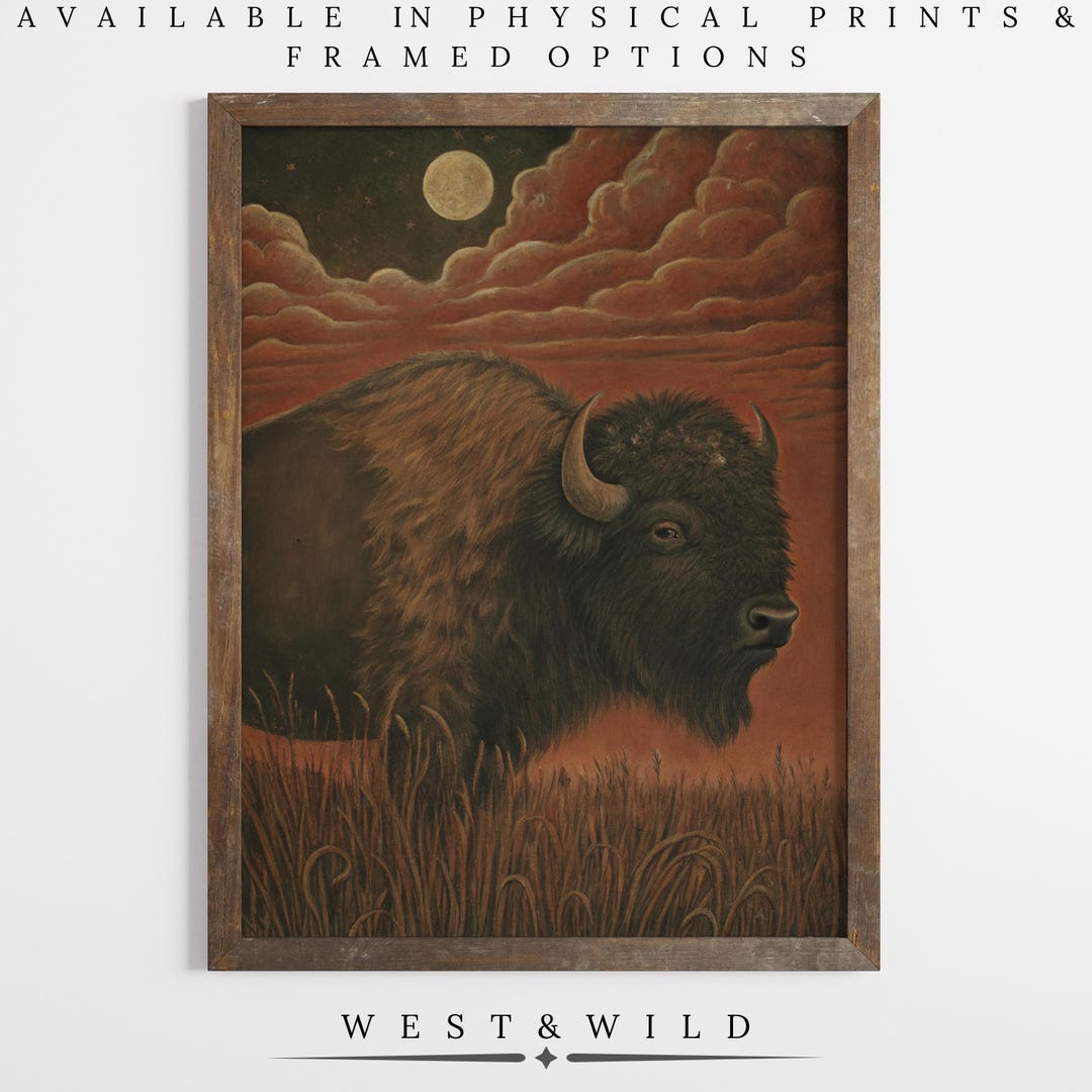 Primitive Buffalo Art Print - Rustic Bison Folk Art - Western Decor ...
