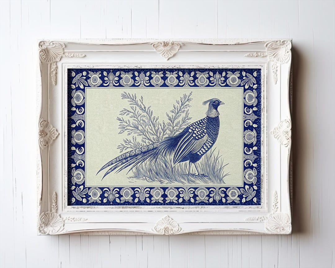 Framed Pheasant Print, China Pattern, Blue Border, Country Home Decor ...