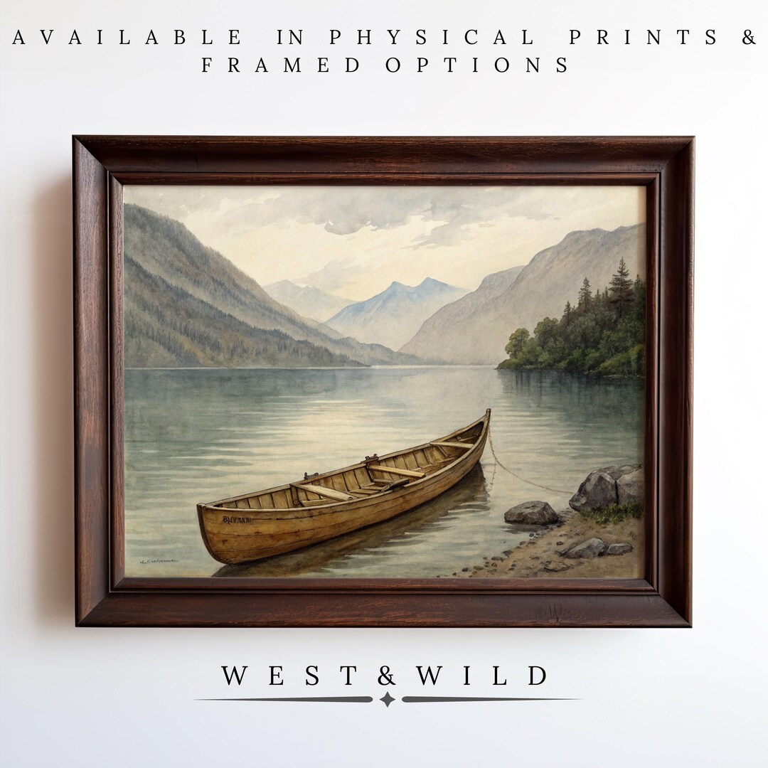 Vintage Canoe on Mountain Lake , Wall Art of Canoeing Lakes for Rustic ...