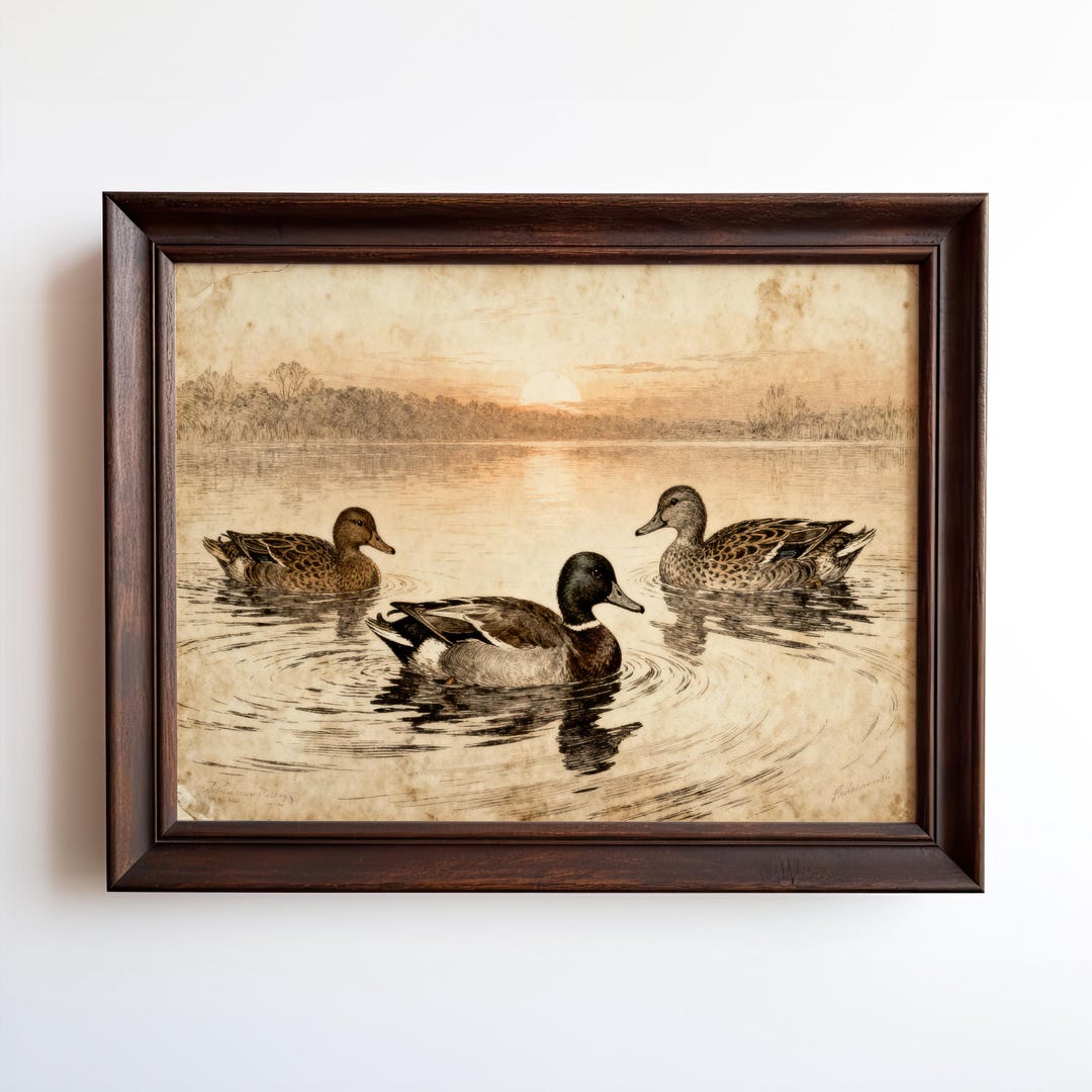 Mallard Ducks on a Still Pond at Sunrise, Vintage Nature Art Print ...