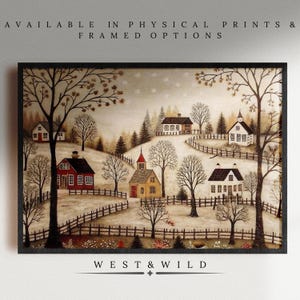Winter Village Folk Art Print - Primitive Country Landscape - Rustic ...