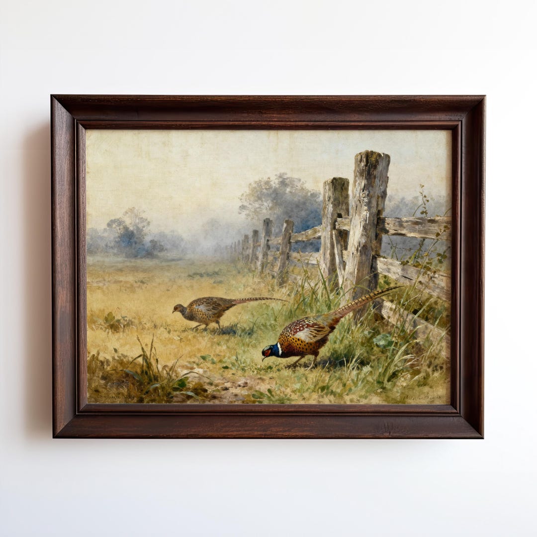 Pair of Pheasants by a Weathered Fence in Morning Mist, Vintage ...