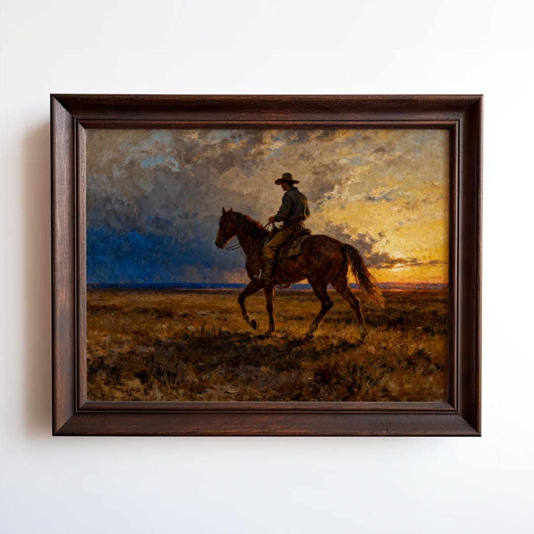 Cowboy Riding Across the Open Range, Vintage Western Art Print of the ...