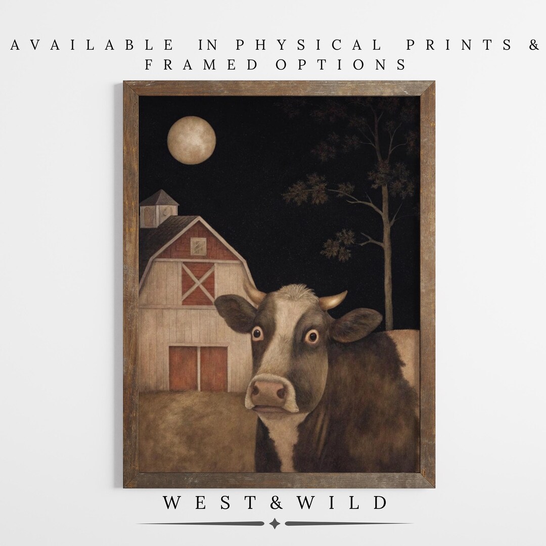 Whimsical Cow and Barn Print - Folk Art Farm Animal Wall Art ...