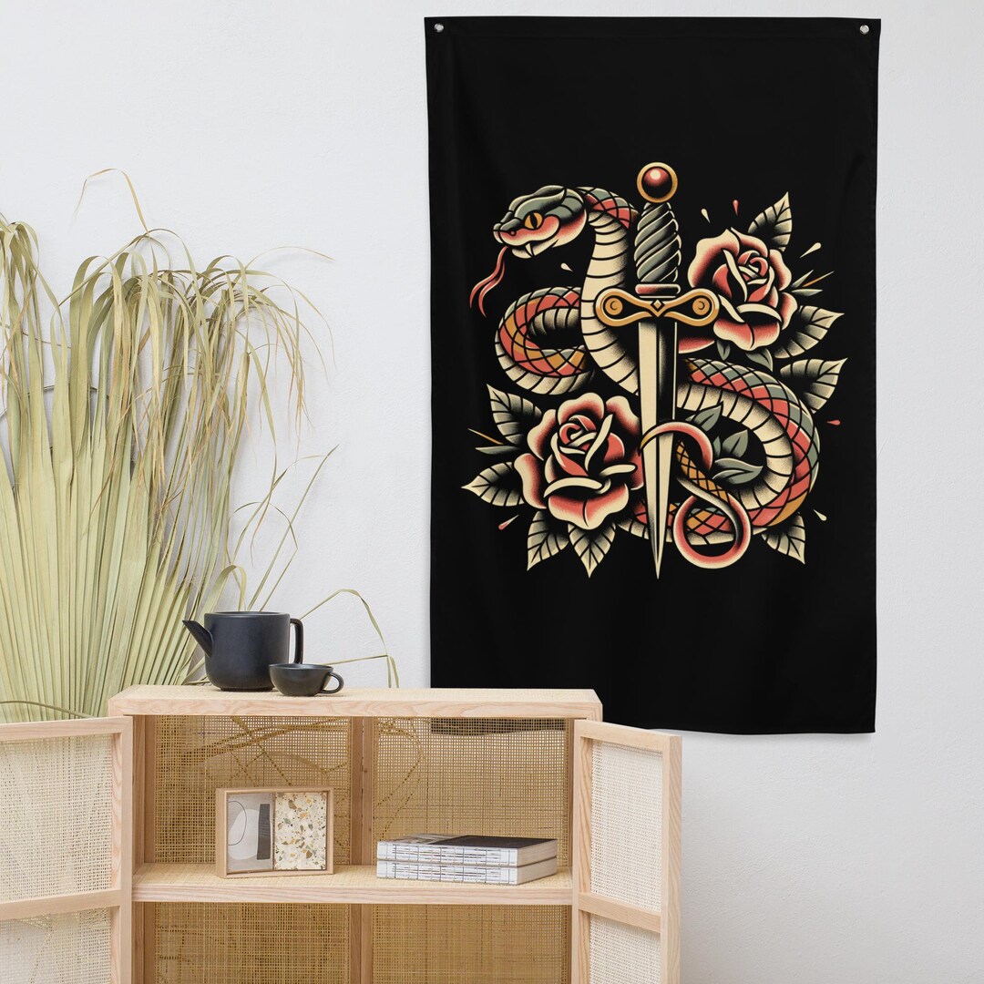 Snake and Dagger Traditional Tattoo Decor Flash Roses Wall Tapestry ...