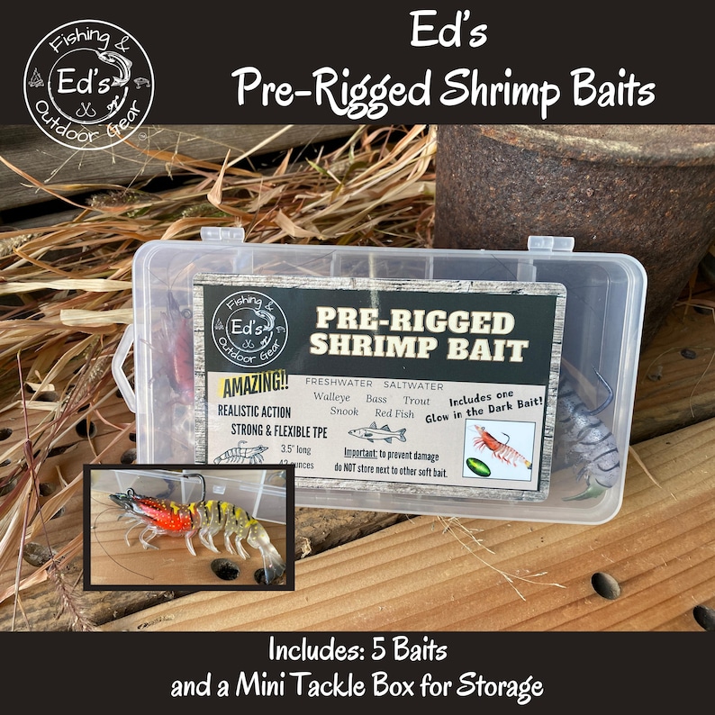 Pre-rigged Shrimp Bait: 5-piece Fishing Lure Set With Tackle Box - Etsy