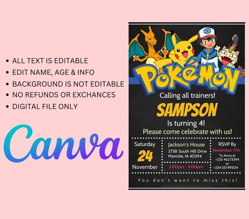 Editable Pokemon Birthday Invitation, Birthday Party Invitation, Kids ...