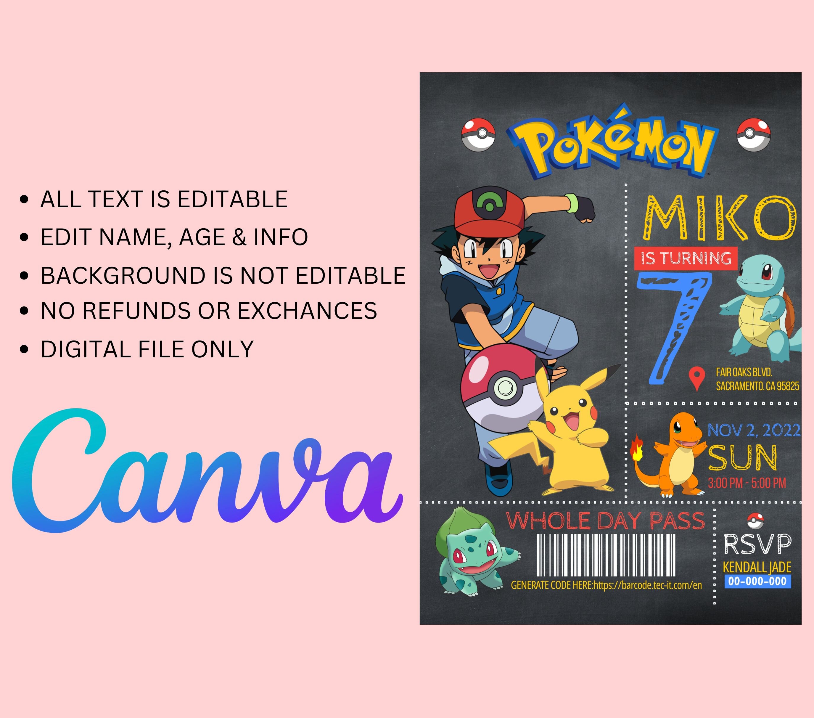 Editable Pokemon Birthday Invitation Template, Printable Birthday Party ...