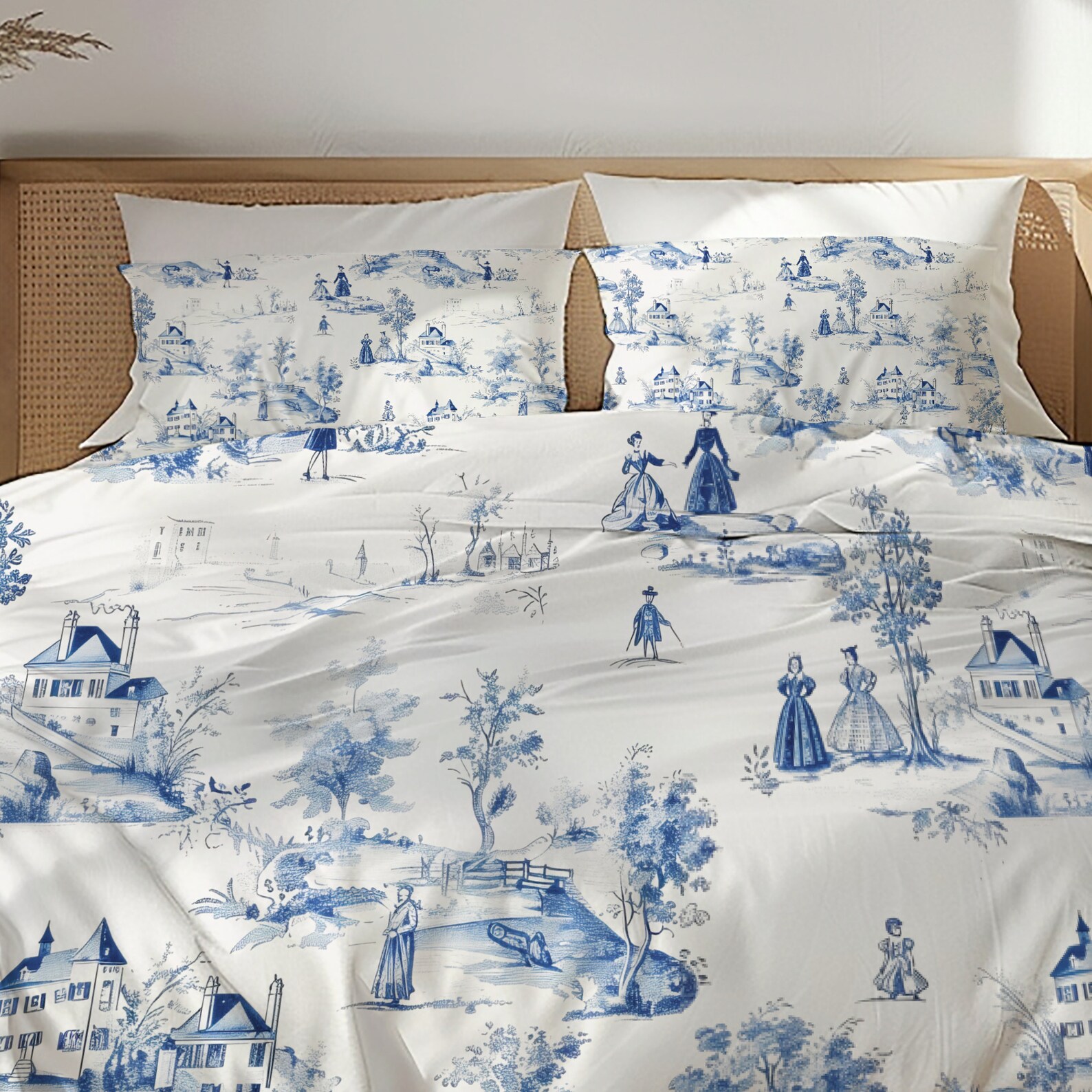 Custom French Country Duvet Cover Blue Toile Cotton Bedding ...