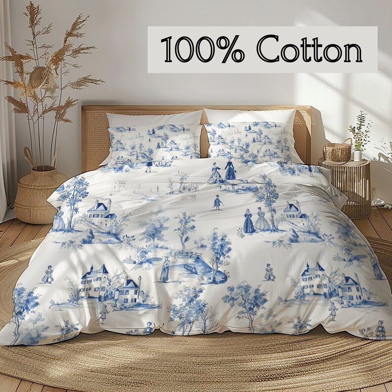 Custom French Country Duvet Cover Blue Toile Cotton Bedding ...