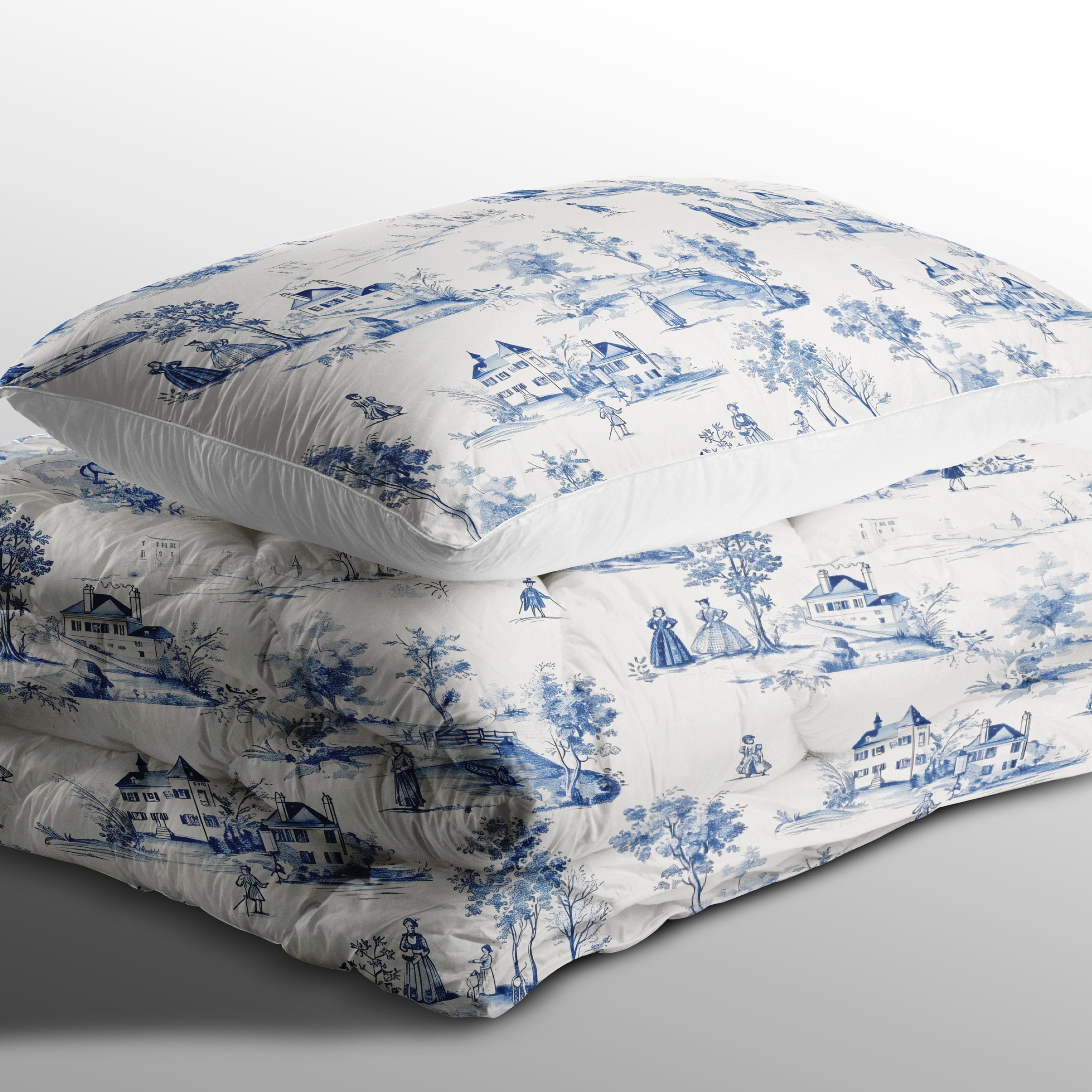 Custom French Country Duvet Cover Blue Toile Cotton Bedding ...