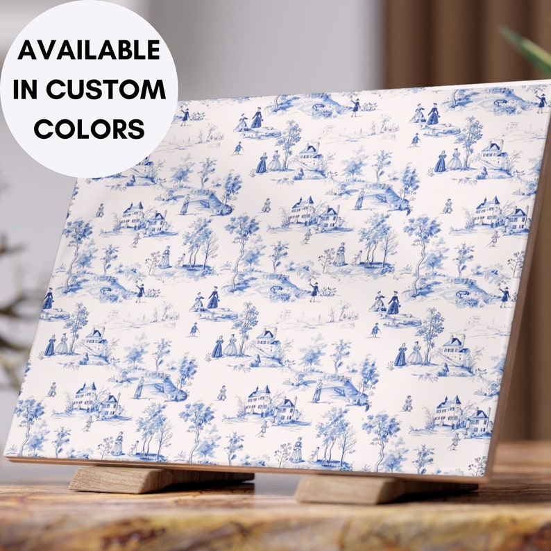 Ceramic Tile Blue French Toile Kitchen Decor Countryside Bathroom ...